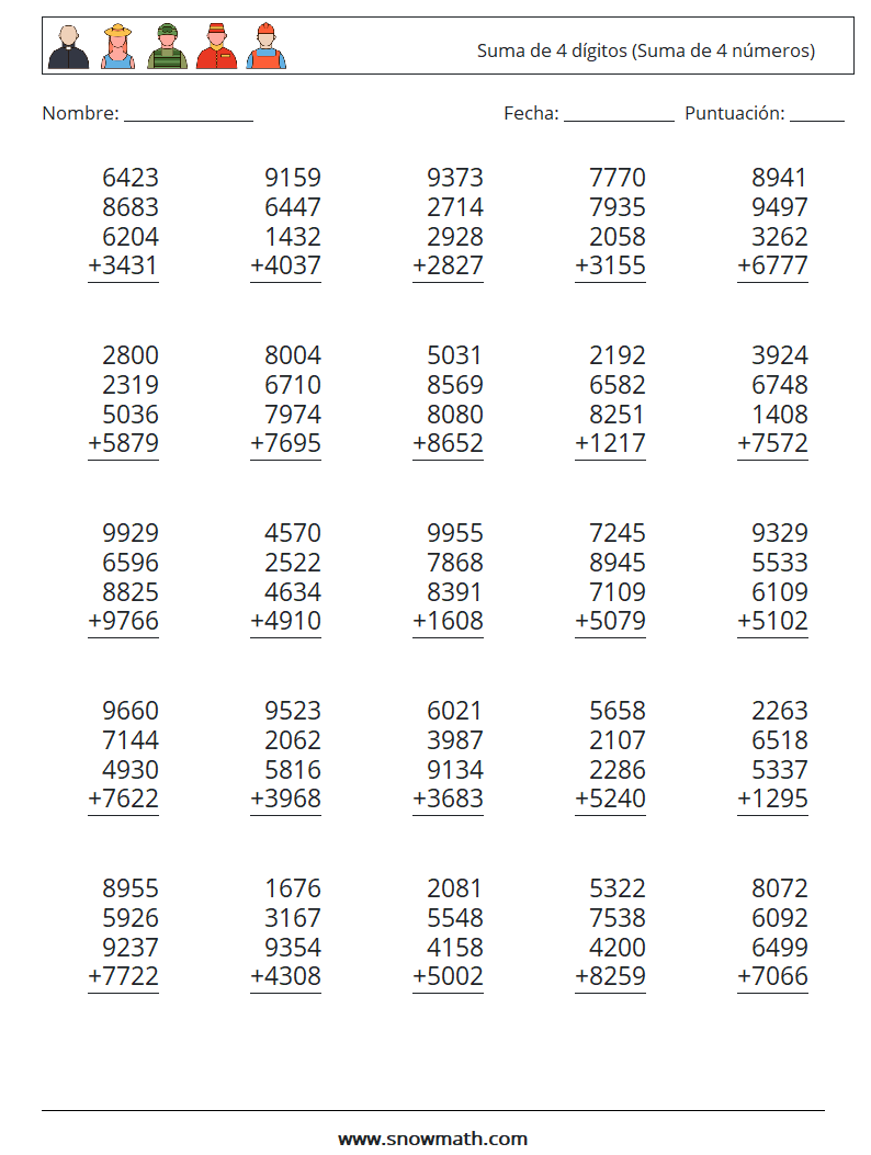 (25) suma de 4 dígitos (suma de 4 números) Hojas de trabajo de ...