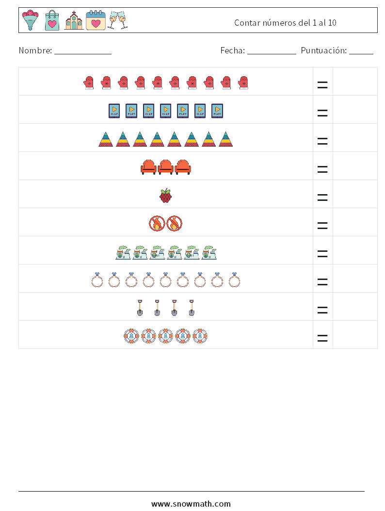contar números del 1 al 10 Hojas de trabajo de matemáticas, práctica de ...