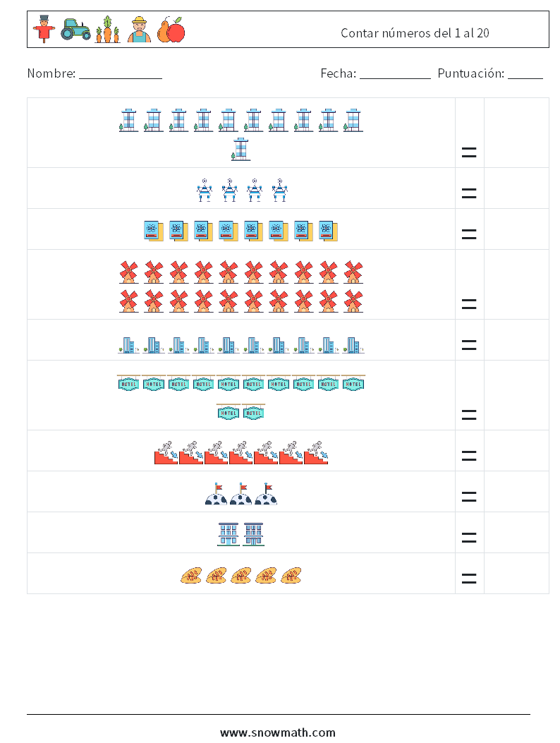 contar números del 1 al 20 Hojas de trabajo de matemáticas, práctica de ...