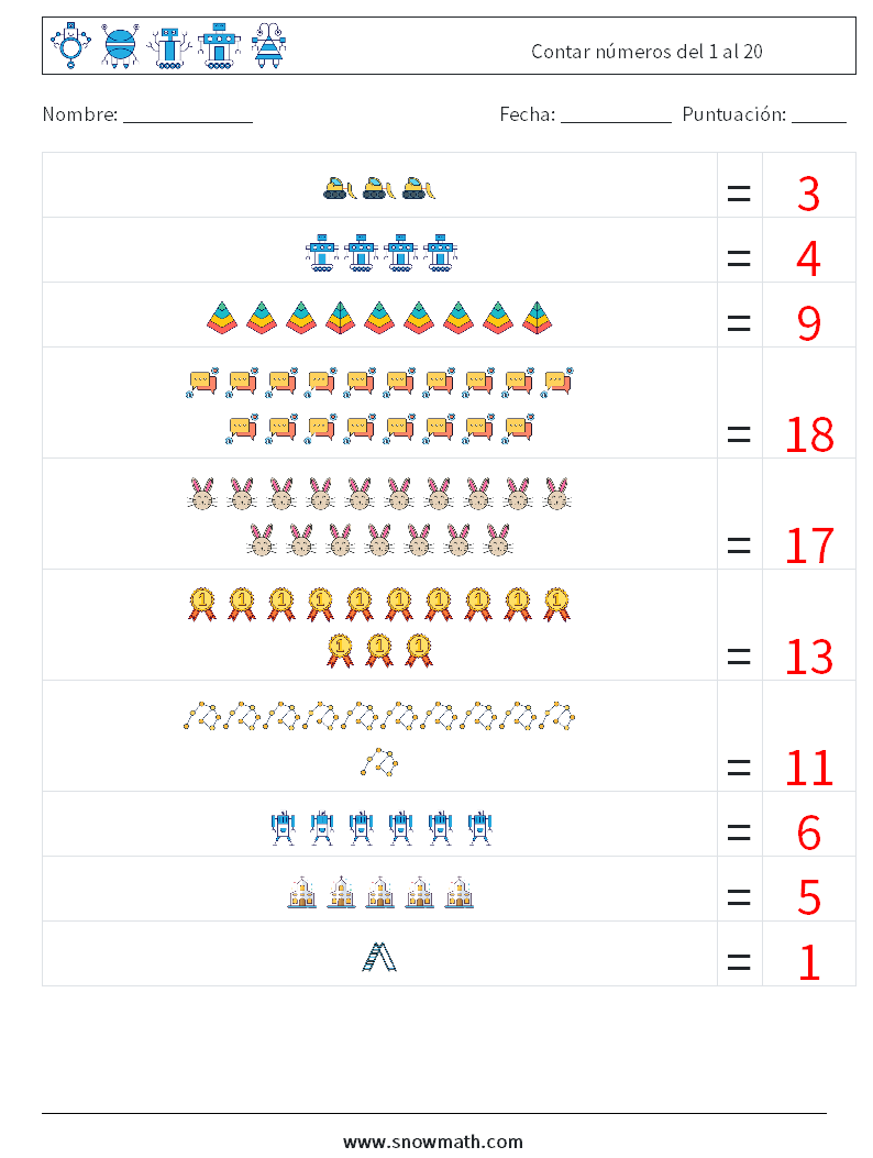 contar números del 1 al 20 Hojas de trabajo de matemáticas 2Hojas de ...