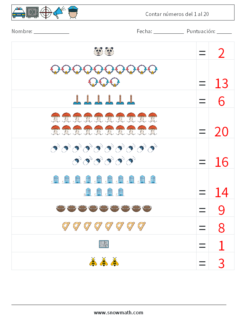 contar números del 1 al 20 Hojas de trabajo de matemáticas 3Hojas de ...