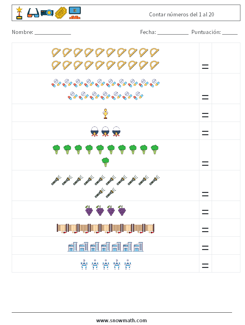 contar números del 1 al 20 Hojas de trabajo de matemáticas 5Hojas de ...