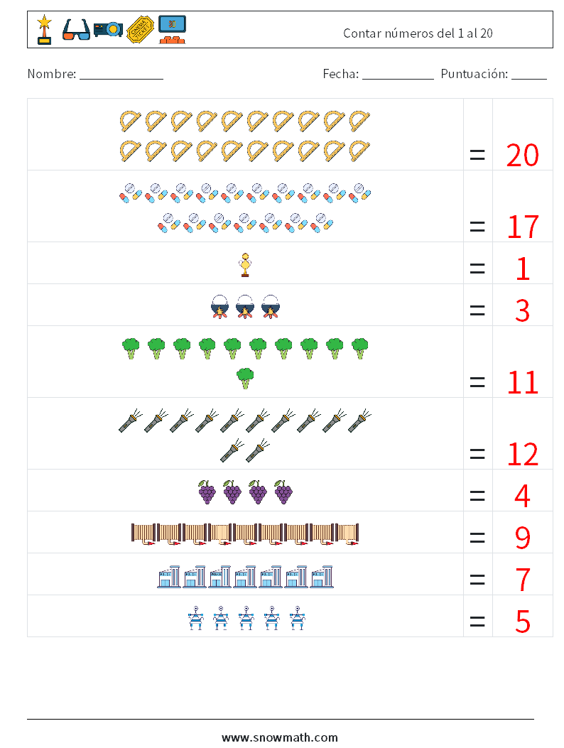 contar números del 1 al 20 Hojas de trabajo de matemáticas 5Hojas de ...