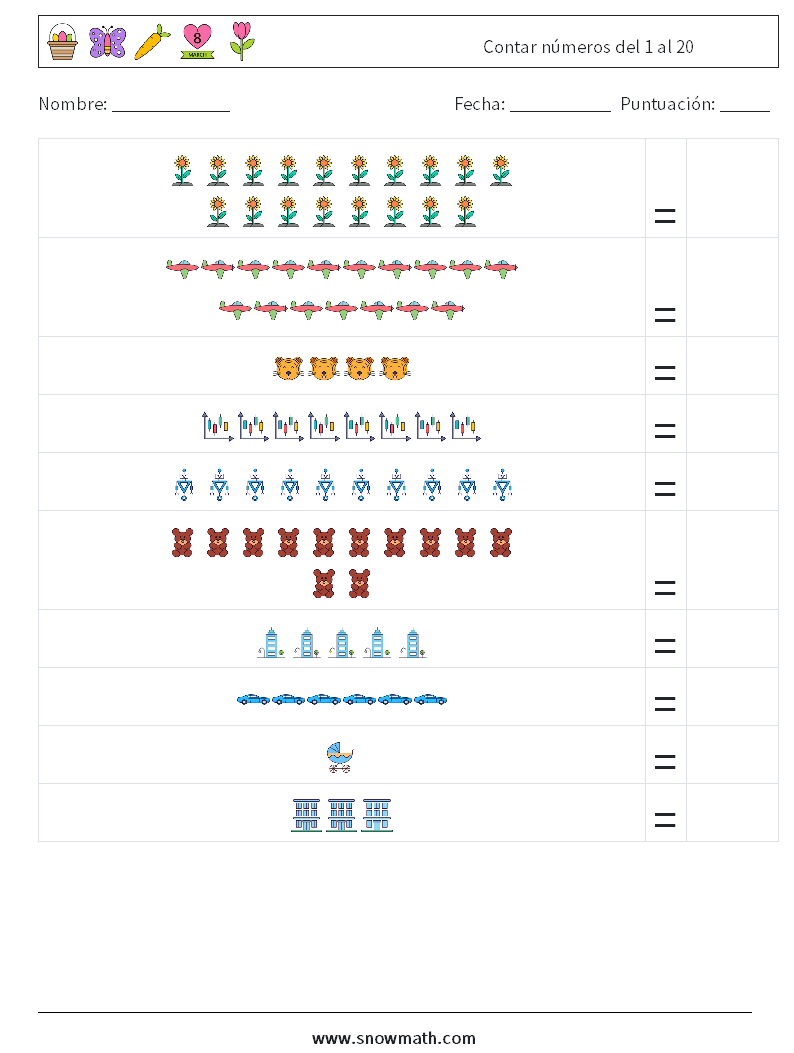 contar números del 1 al 20 Hojas de trabajo de matemáticas, práctica de ...