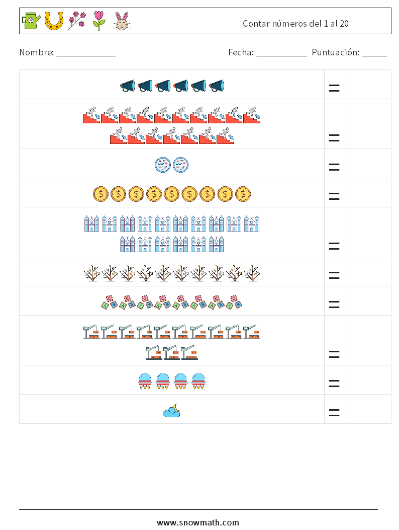 contar números del 1 al 20 Hojas de trabajo de matemáticas, práctica de ...