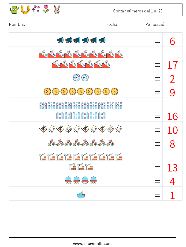 contar números del 1 al 20 Hojas de trabajo de matemáticas 8Hojas de ...