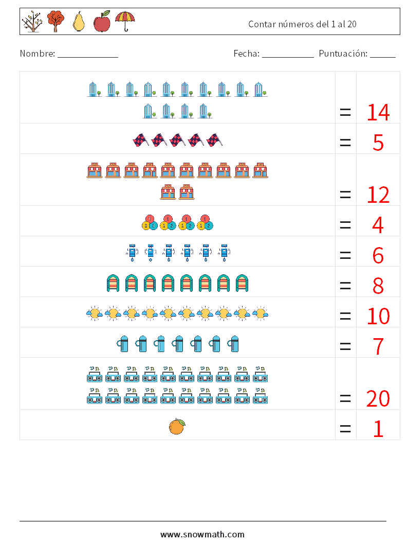 contar números del 1 al 20 Hojas de trabajo de matemáticas 9Hojas de ...