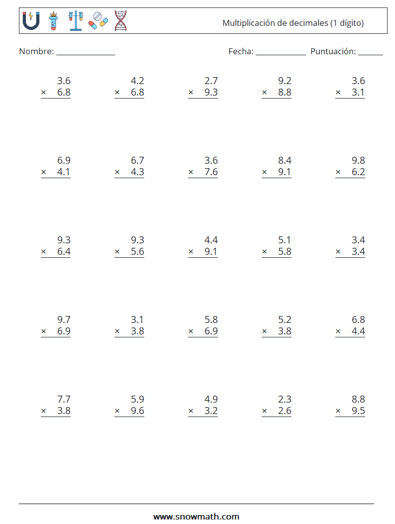 (25) multiplicación de decimales (1 dígito) Hojas de trabajo de ...