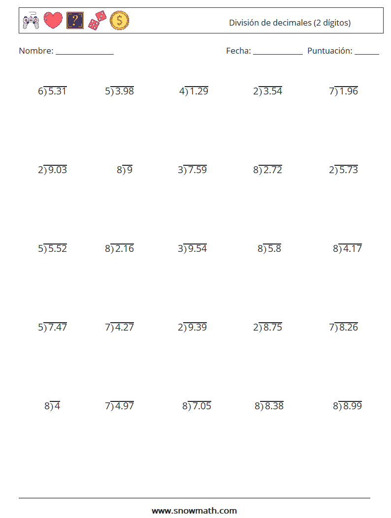 División De Decimales Matemáticas De Quinto Grado