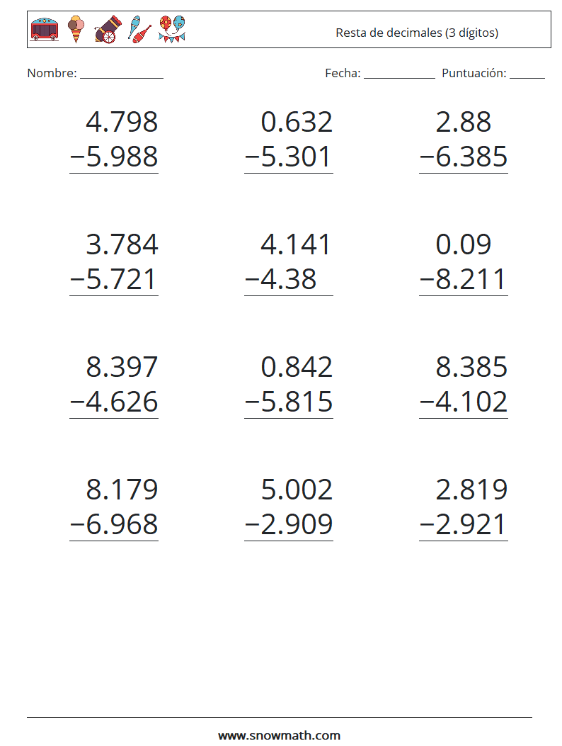 (12) resta de decimales (3 dígitos) Hojas de trabajo de matemáticas ...
