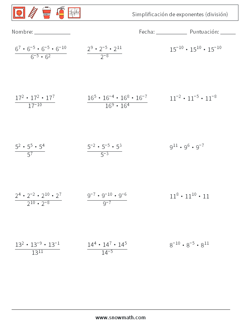 simplificación de exponentes (división) Hojas de trabajo de matemáticas ...