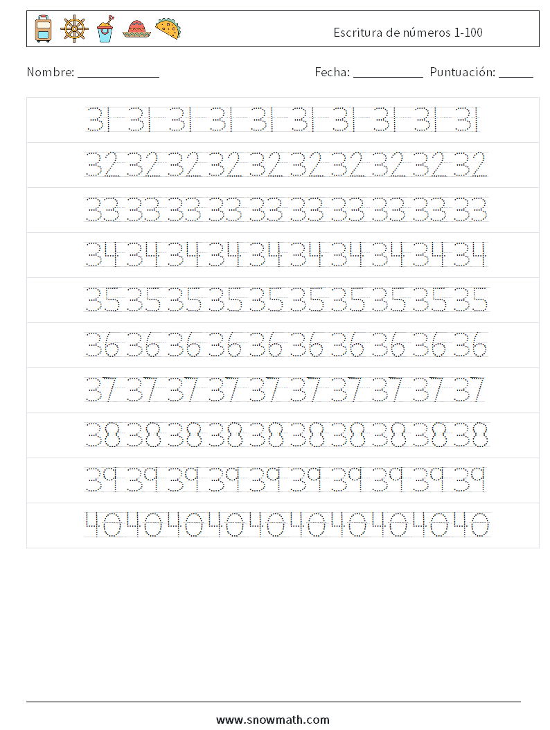 escritura de números 1-100 Hojas de trabajo de matemáticas 8Hojas de ...