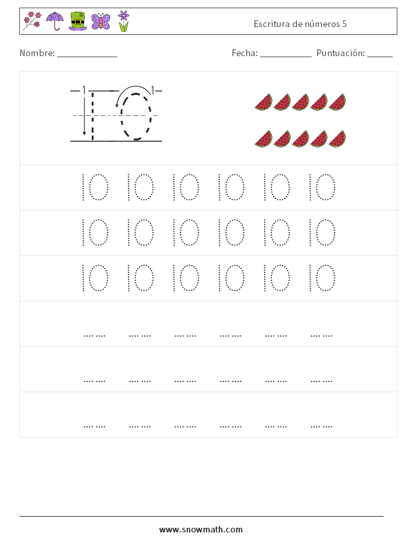 escritura de números 5 Hojas de trabajo de matemáticas 7Hojas de ...