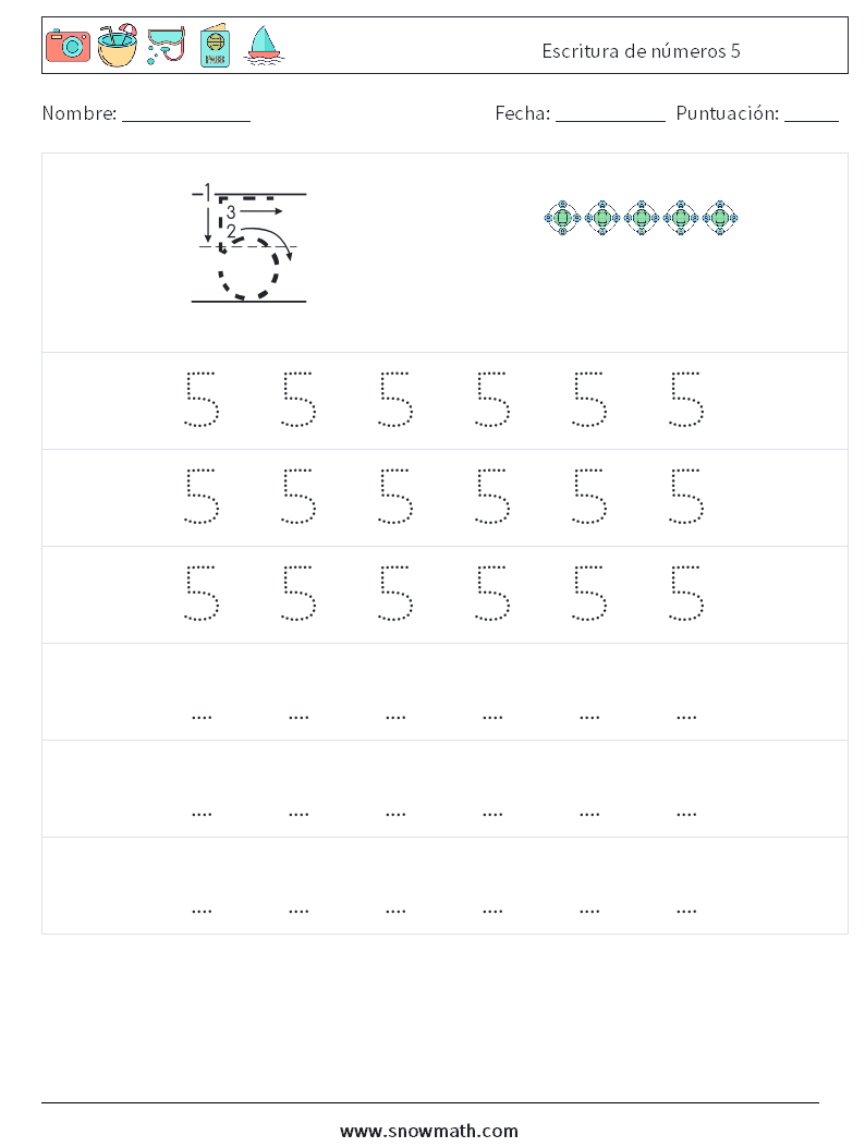 escritura de números 5 Hojas de trabajo de matemáticas, práctica de ...