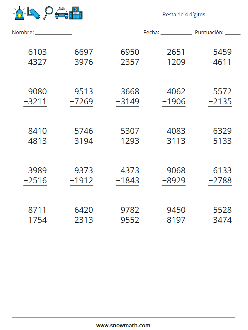 (25) resta de 4 dígitos Hojas de trabajo de matemáticas 7Hojas de ...