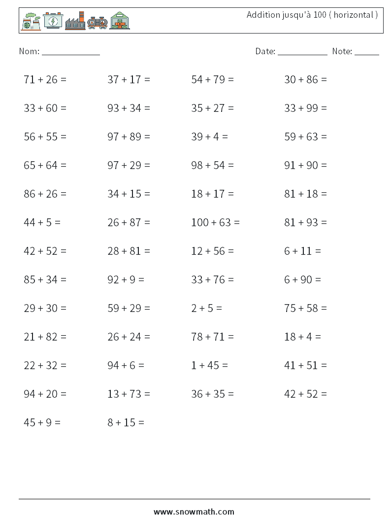  50 Addition Jusqu 100 Horizontal Fiches D Exercices De