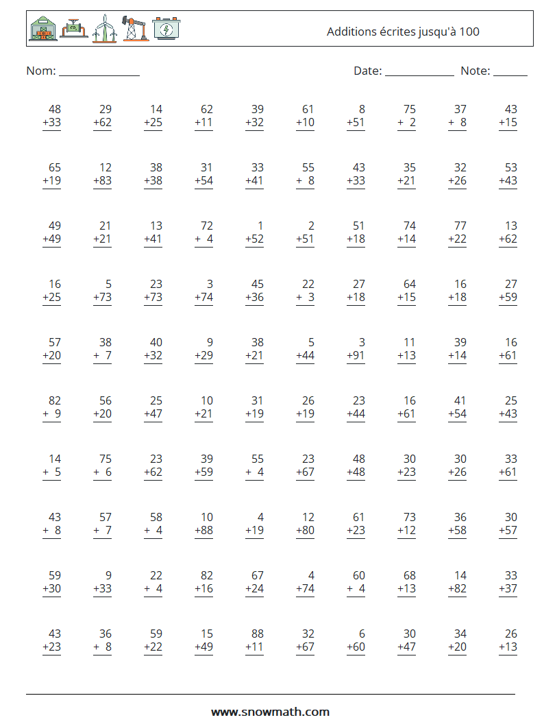 (100) additions écrites jusqu'à 100 Fiches d'Exercices de Mathématiques ...