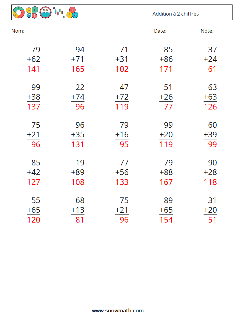 (25) addition à 2 chiffres Fiches d'Exercices de Mathématiques 3Fiches ...