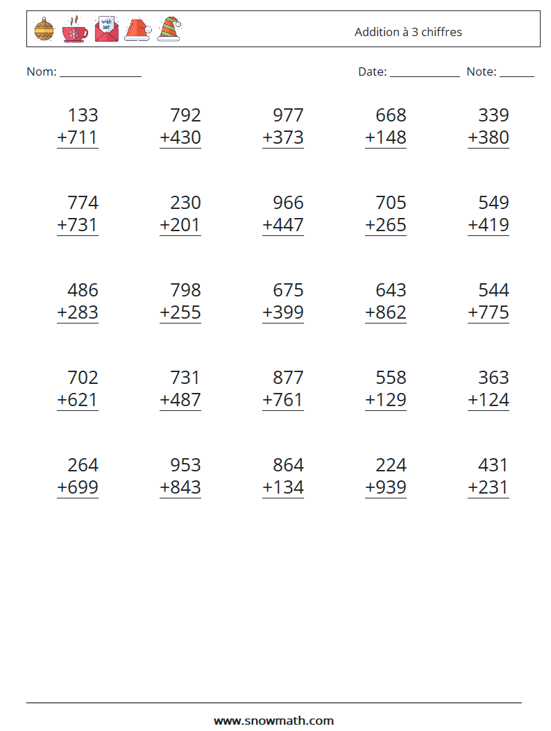 (25) addition à 3 chiffres Fiches d'Exercices de Mathématiques ...