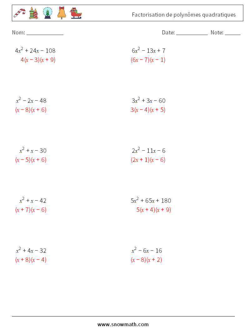 factorisation de polynômes quadratiques Fiches d'Exercices de ...