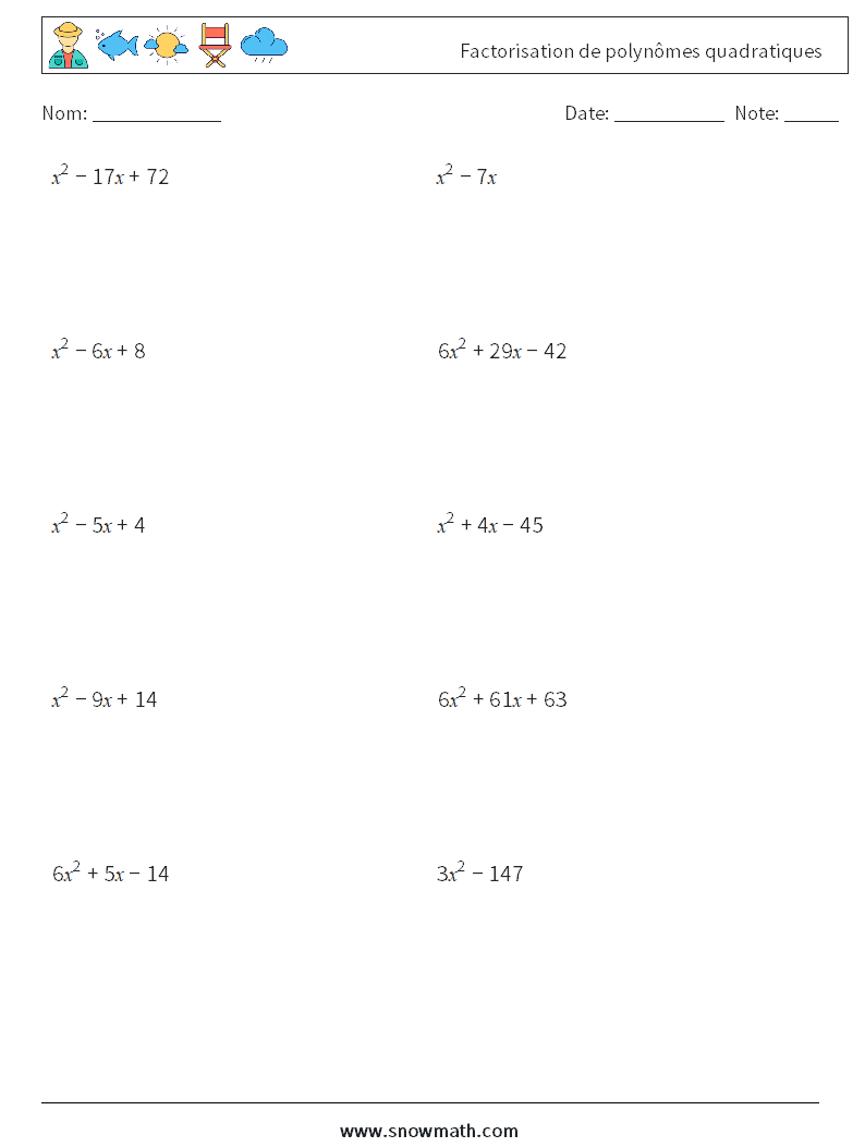 factorisation de polynômes quadratiques Fiches d'Exercices de ...