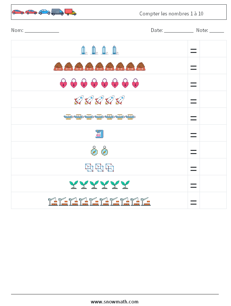 compter les nombres 1 à 10 Fiches d'Exercices de Mathématiques 10Fiches ...