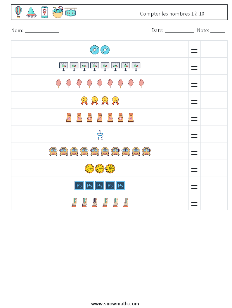 compter les nombres 1 à 10 Fiches d'Exercices de Mathématiques ...