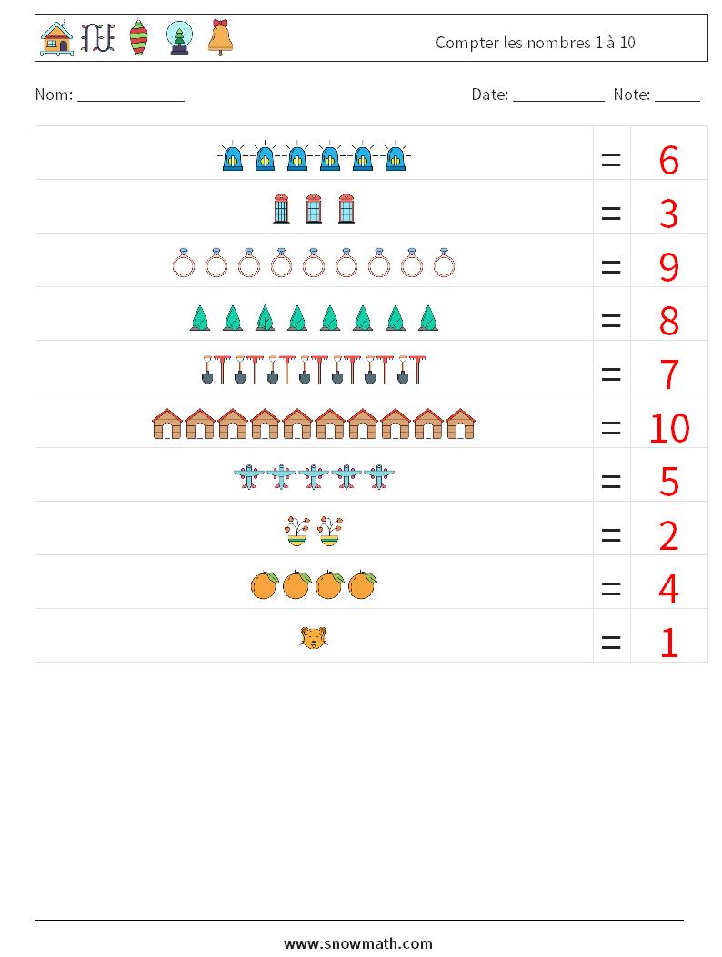 compter les nombres 1 à 10 Fiches d'Exercices de Mathématiques 6Fiches ...