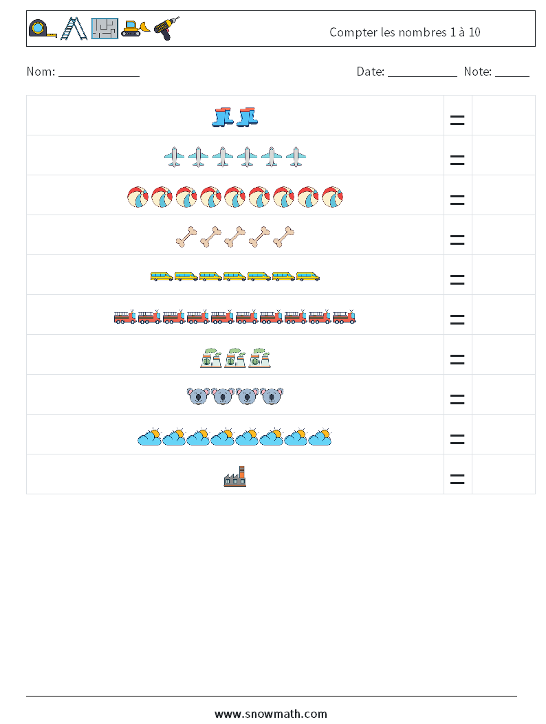 compter les nombres 1 à 10 Fiches d'Exercices de Mathématiques ...