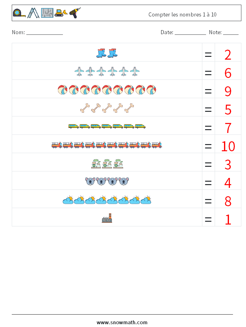 compter les nombres 1 à 10 Fiches d'Exercices de Mathématiques 8Fiches ...