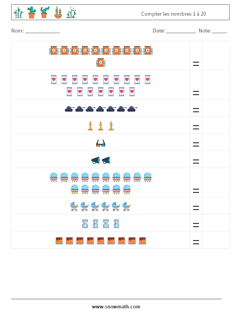 compter les nombres 1 à 20 Fiches d'Exercices de Mathématiques ...