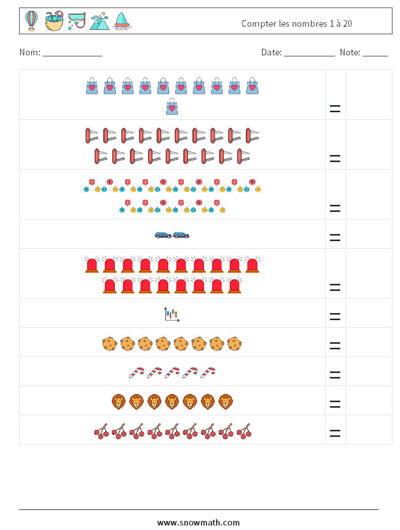 compter les nombres 1 à 20 Fiches d'Exercices de Mathématiques ...