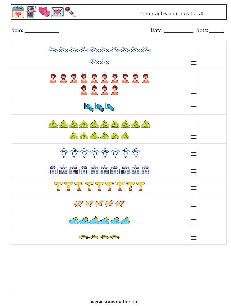 compter les nombres 1 à 20 Fiches d'Exercices de Mathématiques ...
