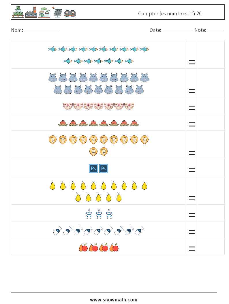 compter les nombres 1 à 20 Fiches d'Exercices de Mathématiques ...