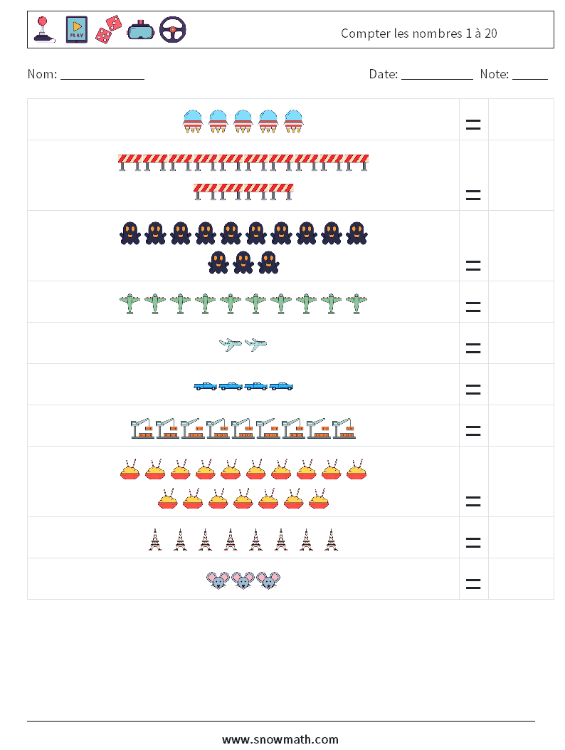 compter les nombres 1 à 20 Fiches d'Exercices de Mathématiques ...