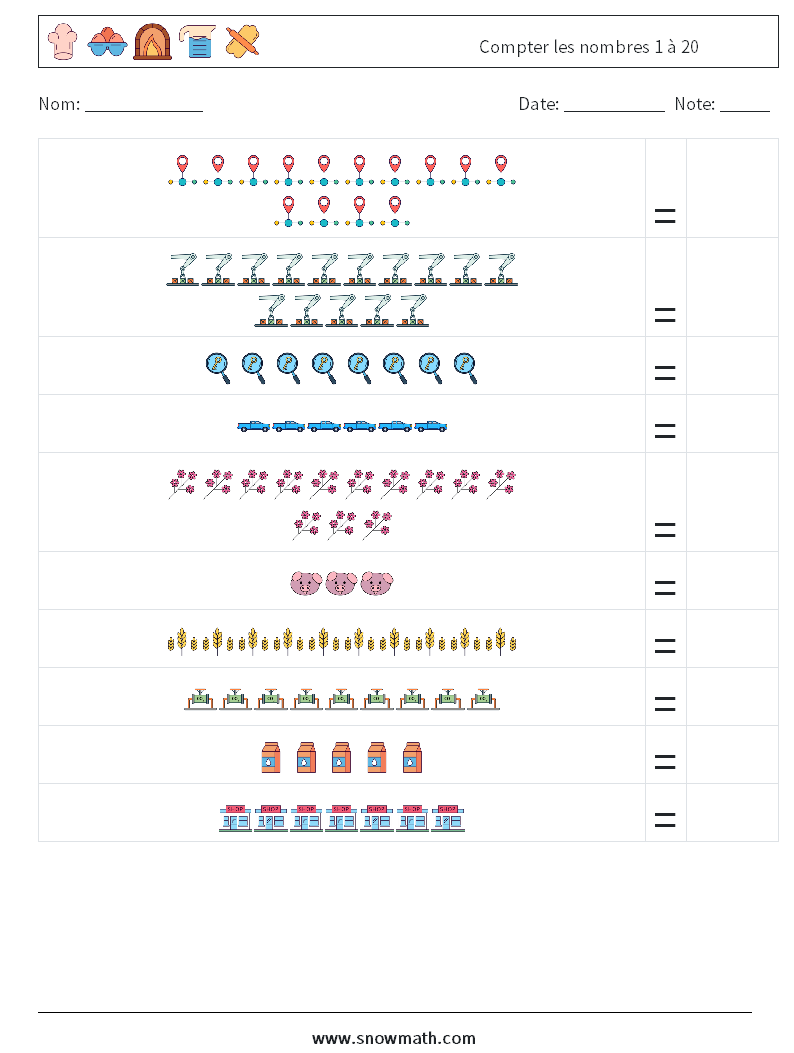 compter les nombres 1 à 20 Fiches d'Exercices de Mathématiques ...