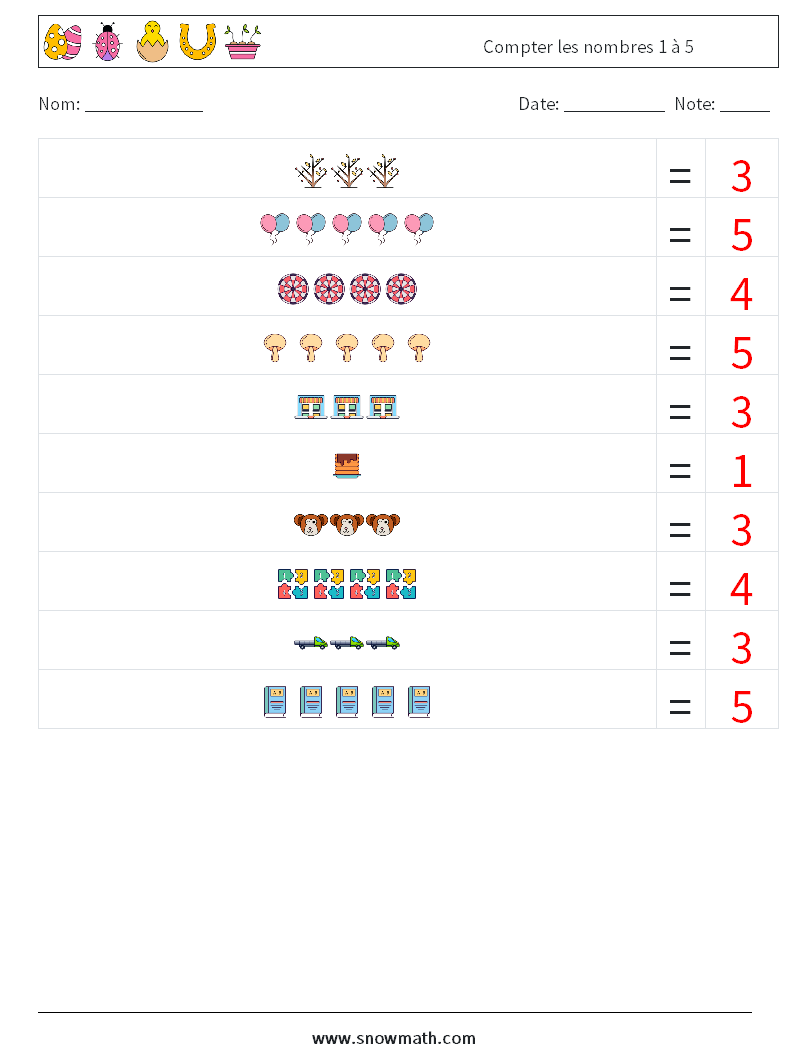 compter les nombres 1 à 5 Fiches d'Exercices de Mathématiques 5Fiches d ...