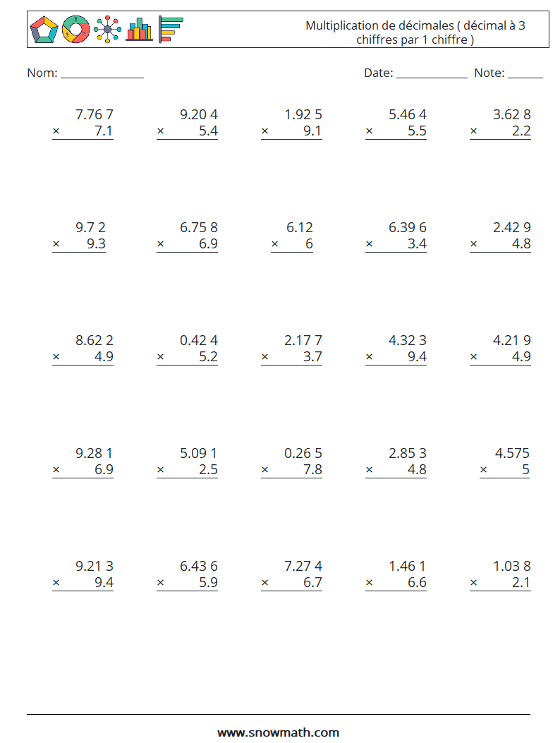(25) multiplication de décimales ( décimal à 3 chiffres par 1 chiffre ...