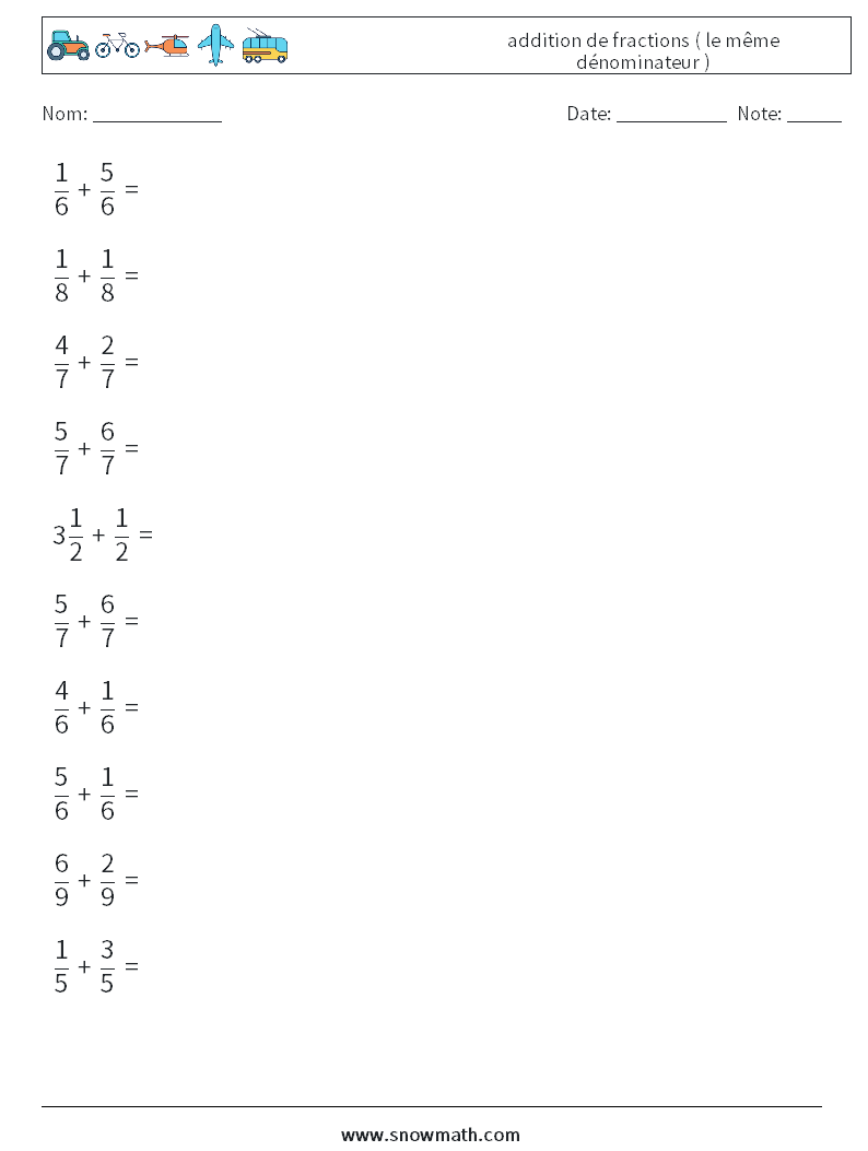 (10) addition de fractions ( le même dénominateur ) Fiches d'Exercices ...