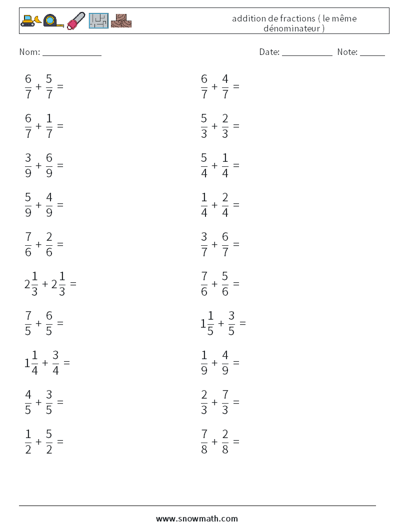 (20) addition de fractions ( le même dénominateur ) Fiches d'Exercices ...