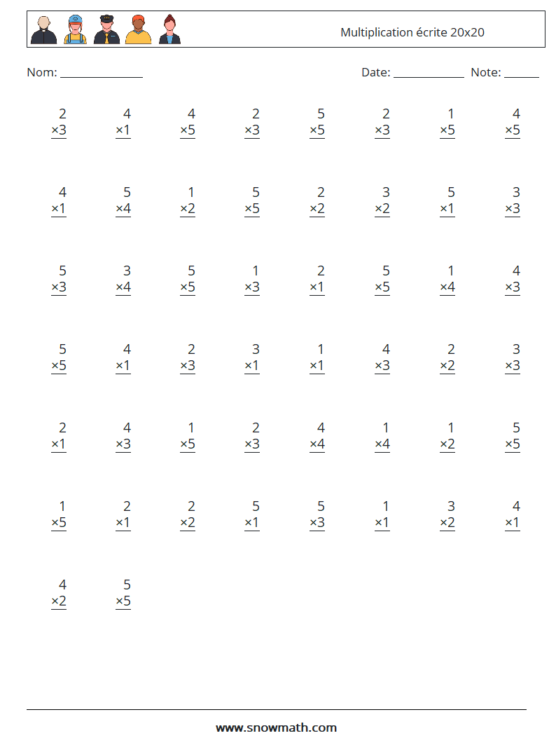 (50) multiplication écrite 20x20 Fiches d'Exercices de Mathématiques ...