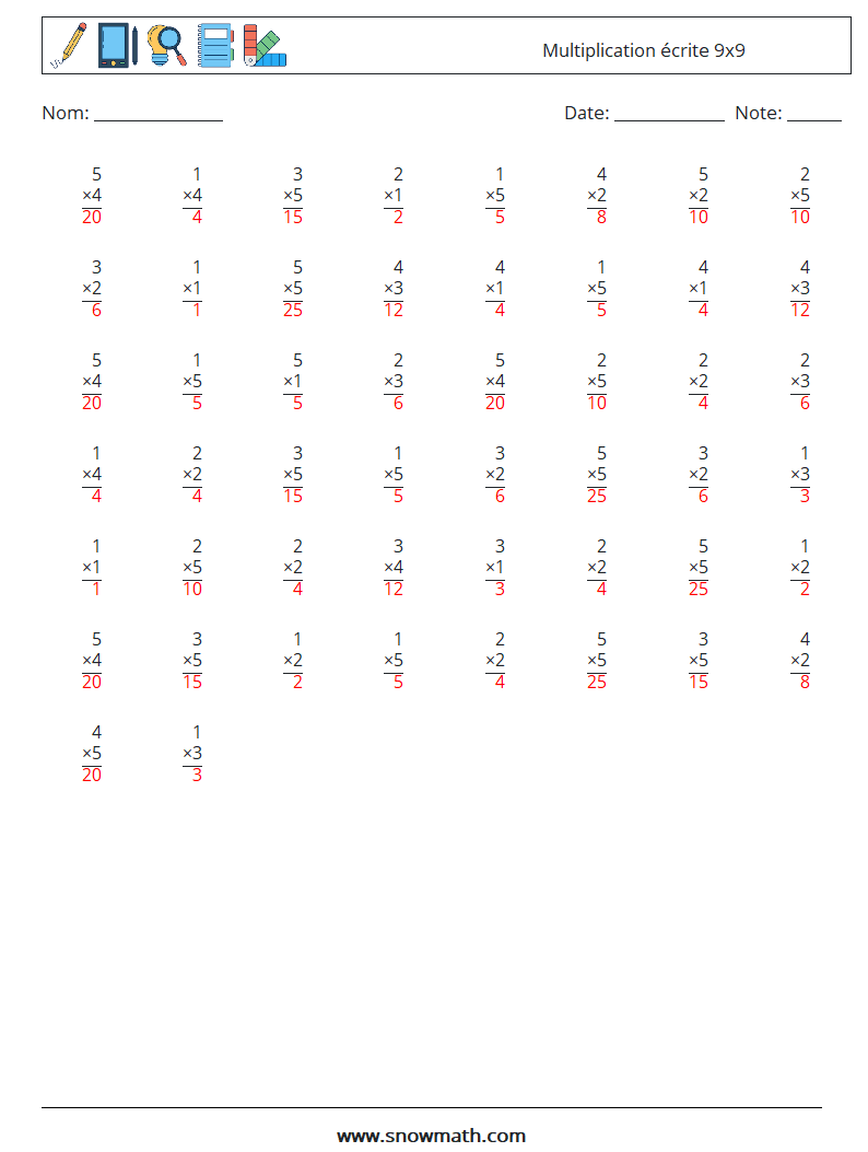 (50) multiplication écrite 9x9 Fiches d'Exercices de Mathématiques ...