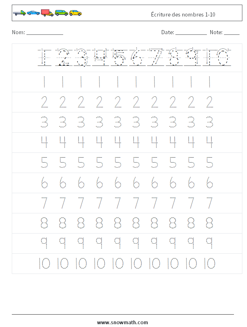 écriture des nombres 1-10 Fiches d'Exercices de Mathématiques ...
