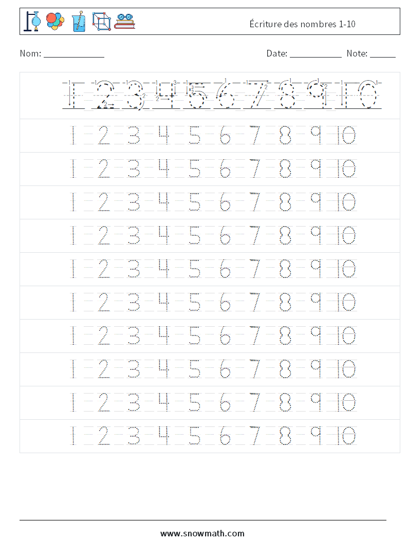 écriture des nombres 1-10 Fiches d'Exercices de Mathématiques ...