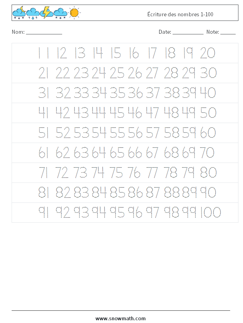 écriture des nombres 1-100 Fiches d'Exercices de Mathématiques ...