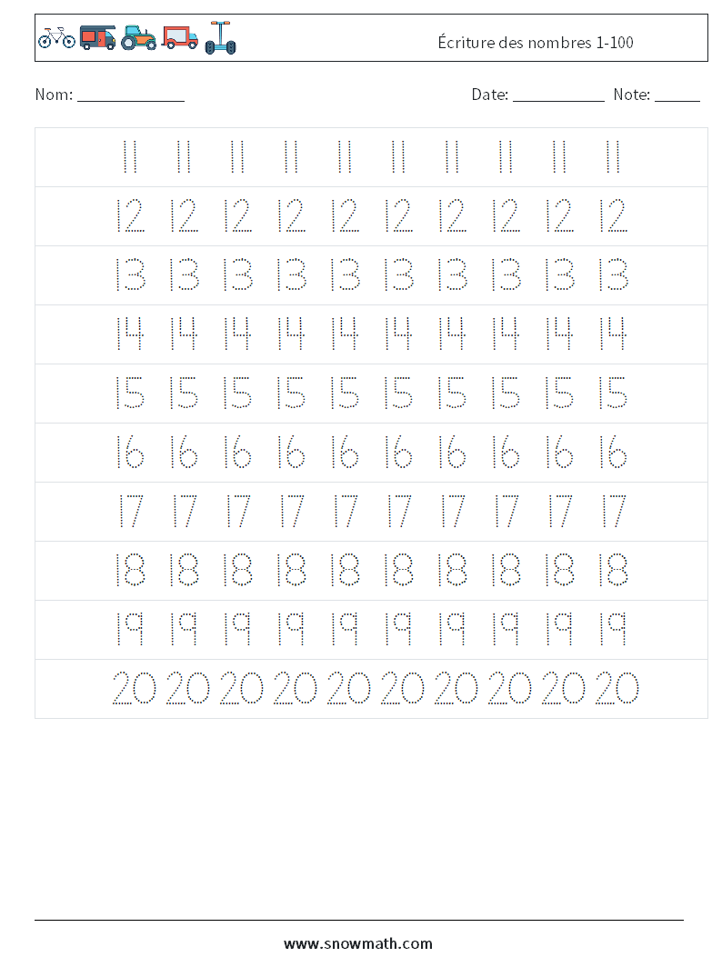 écriture des nombres 1-100 Fiches d'Exercices de Mathématiques ...