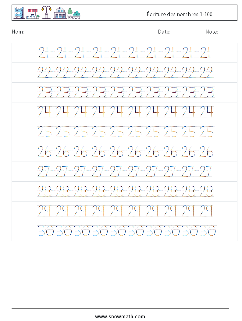 écriture des nombres 1-100 Fiches d'Exercices de Mathématiques ...