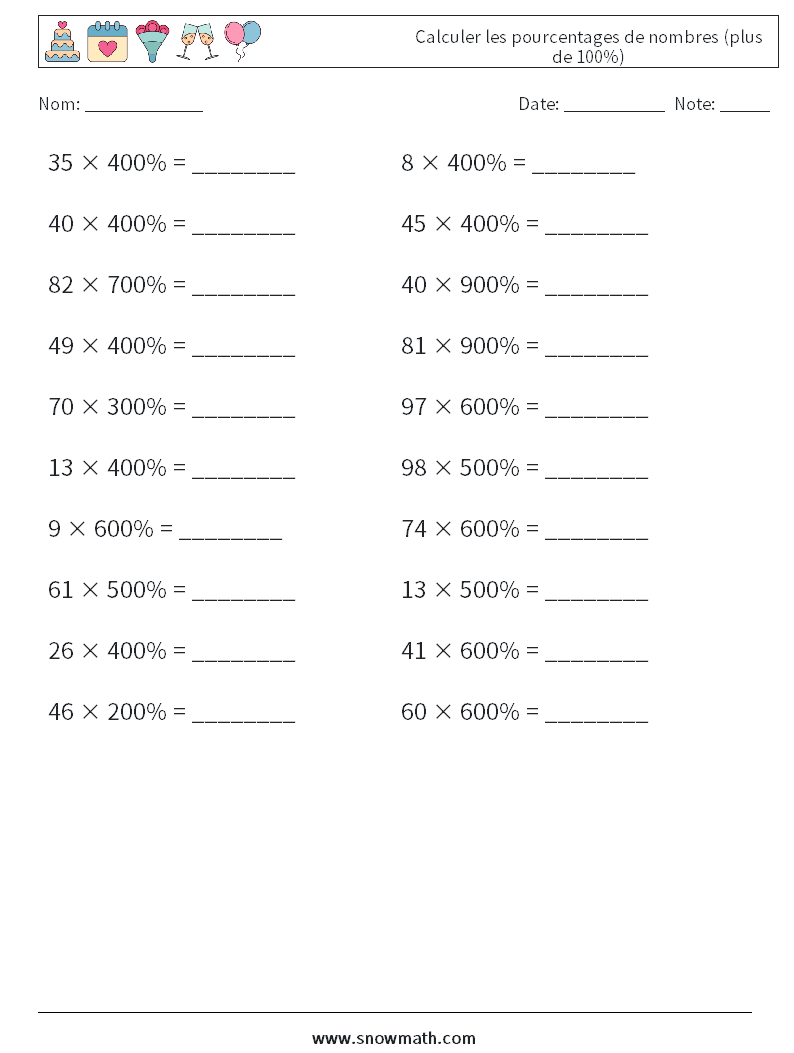 calculer les pourcentages de nombres (plus de 100%) Fiches d'Exercices ...