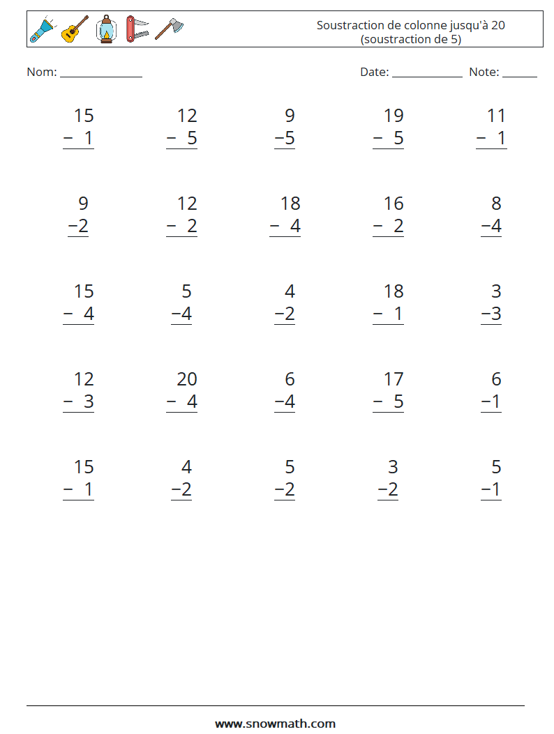 subtraction-20 subtraction Fiches d'exercices,Fiches d'exercices de ...