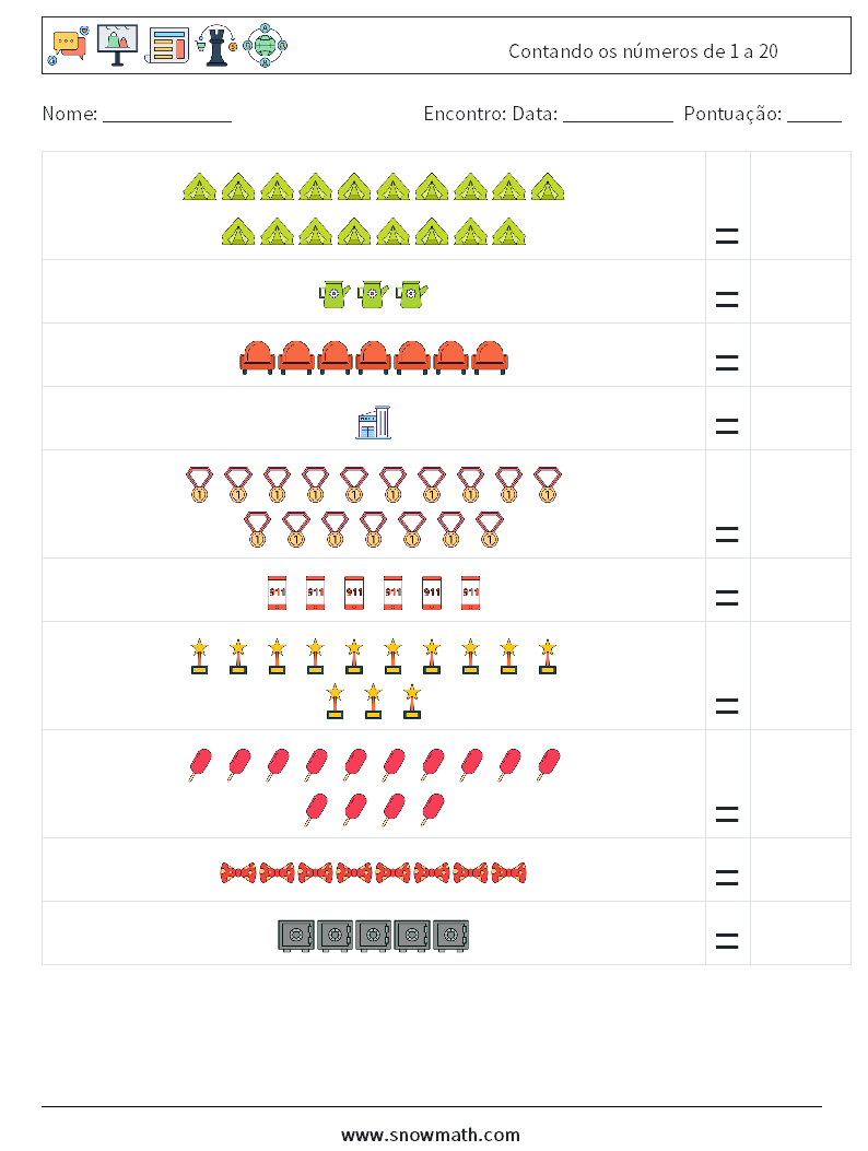 contando os números de 1 a 20 planilhas matemáticas 1Planilhas de ...